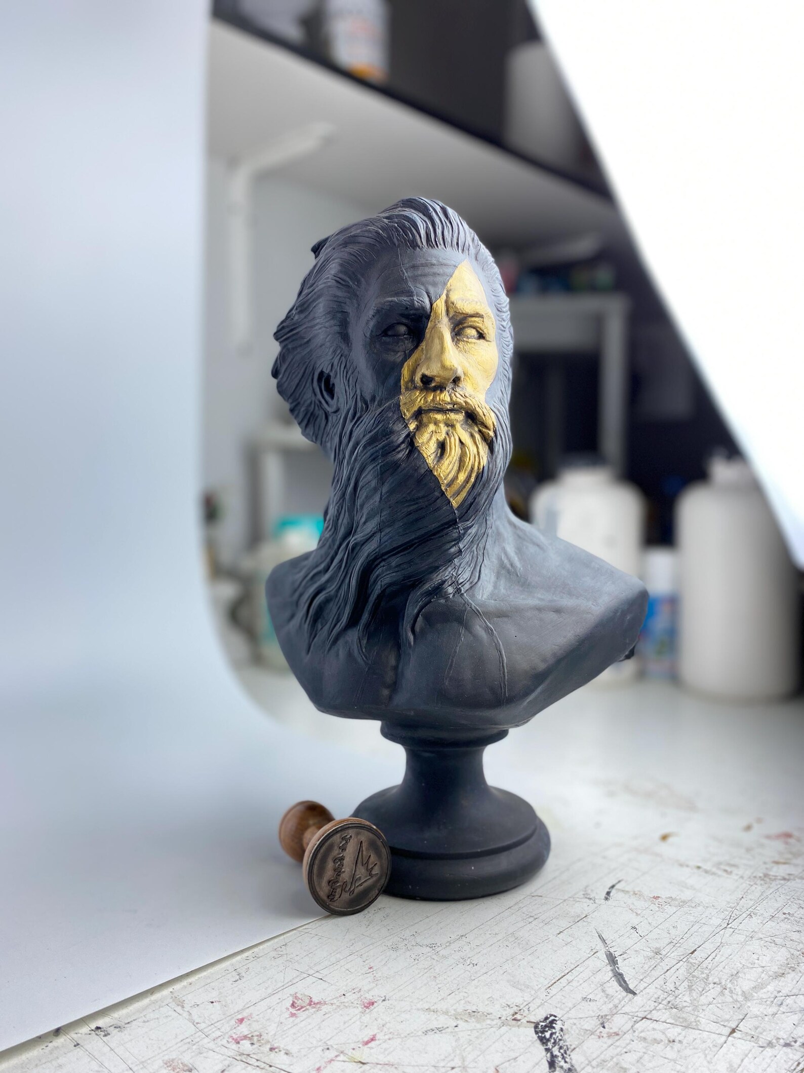 Poseidon Pop Art Sculpture, Poseidon Gold Scar Sculpture Decor, Black ...