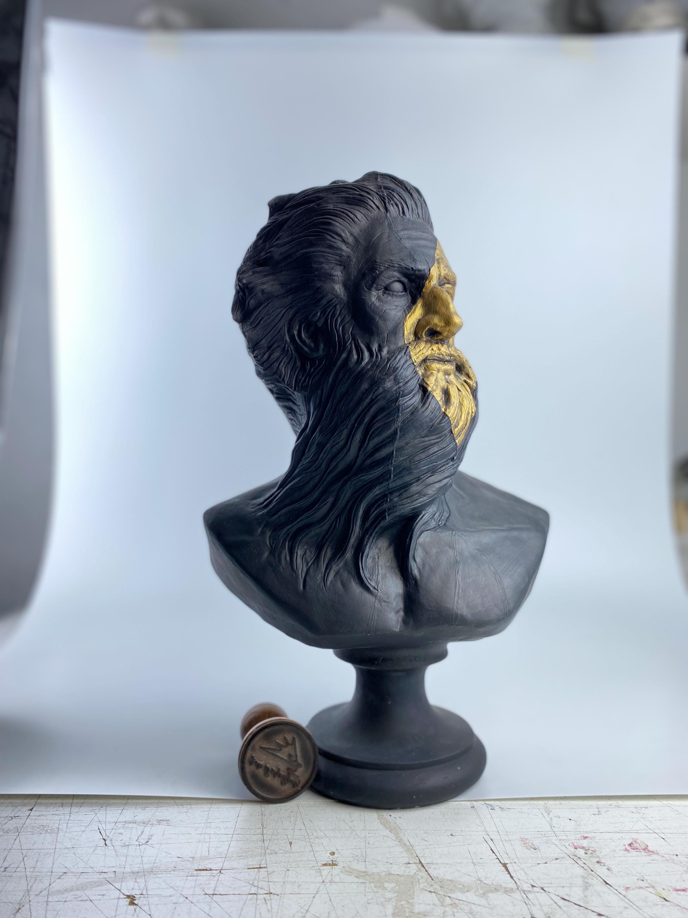 Poseidon Pop Art Sculpture, Poseidon Gold Scar Sculpture Decor, Black ...
