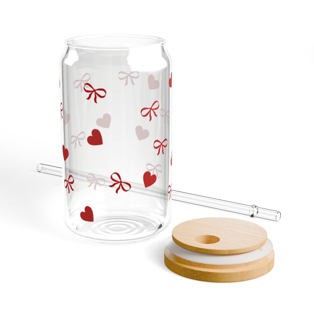 Red Hearts & Red Bows Sipper Glass, Reusable Valentines Day Tumbler ...
