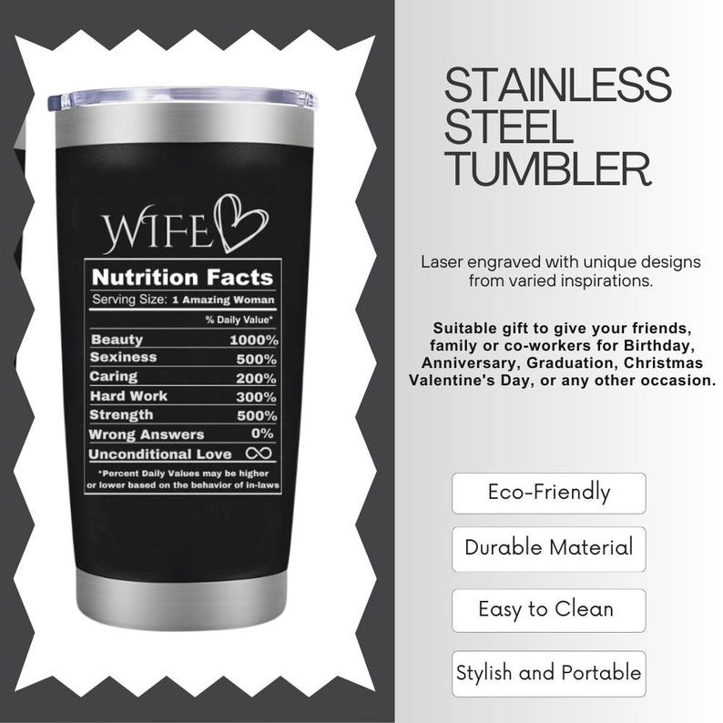 Wife Nutrition Facts - Engraved Stainless Steel Tumbler, Gift for Her ...