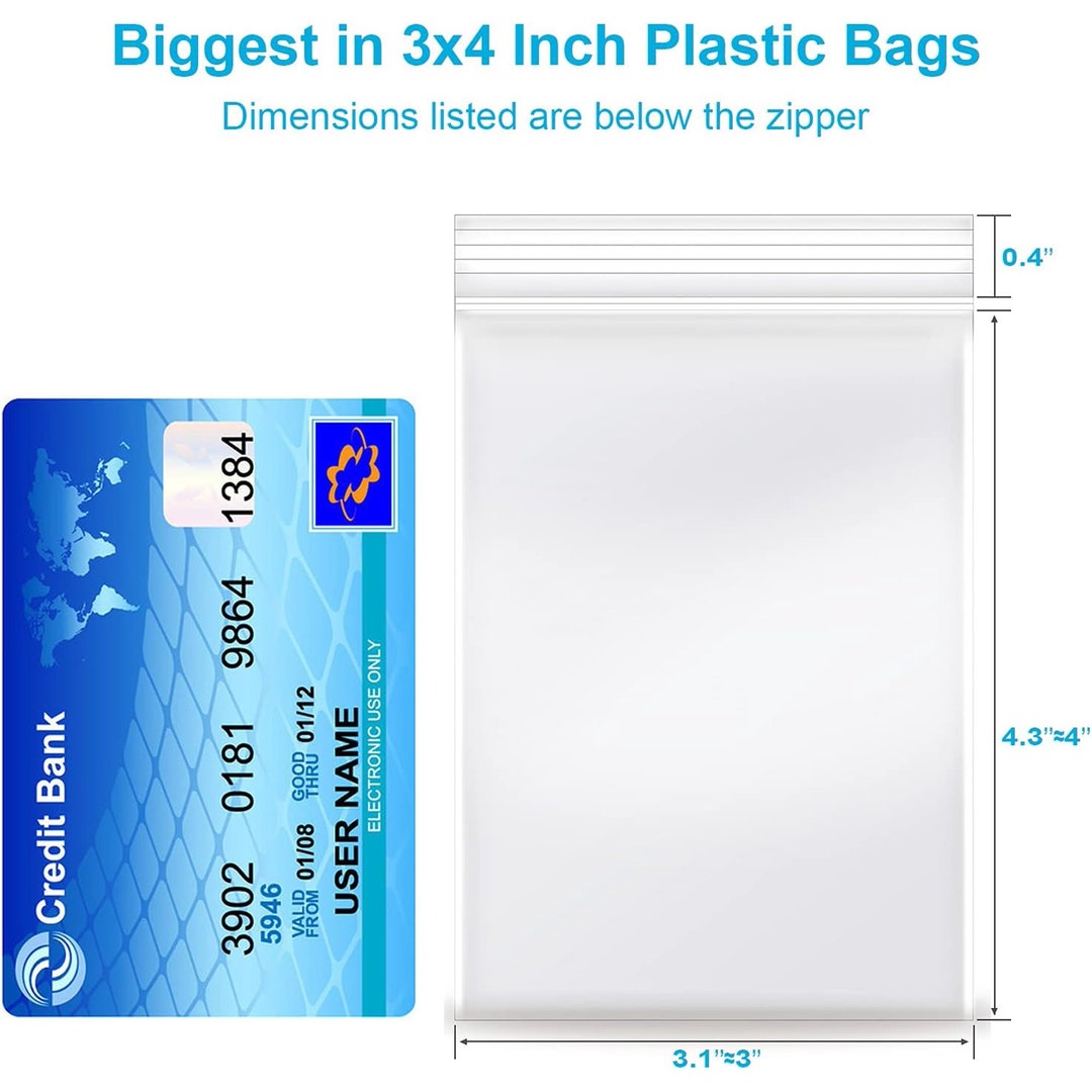 100 Pcs 3"x4" Clear Plastic Zip Bags, 2mil Thickness, Reclosable Top ...