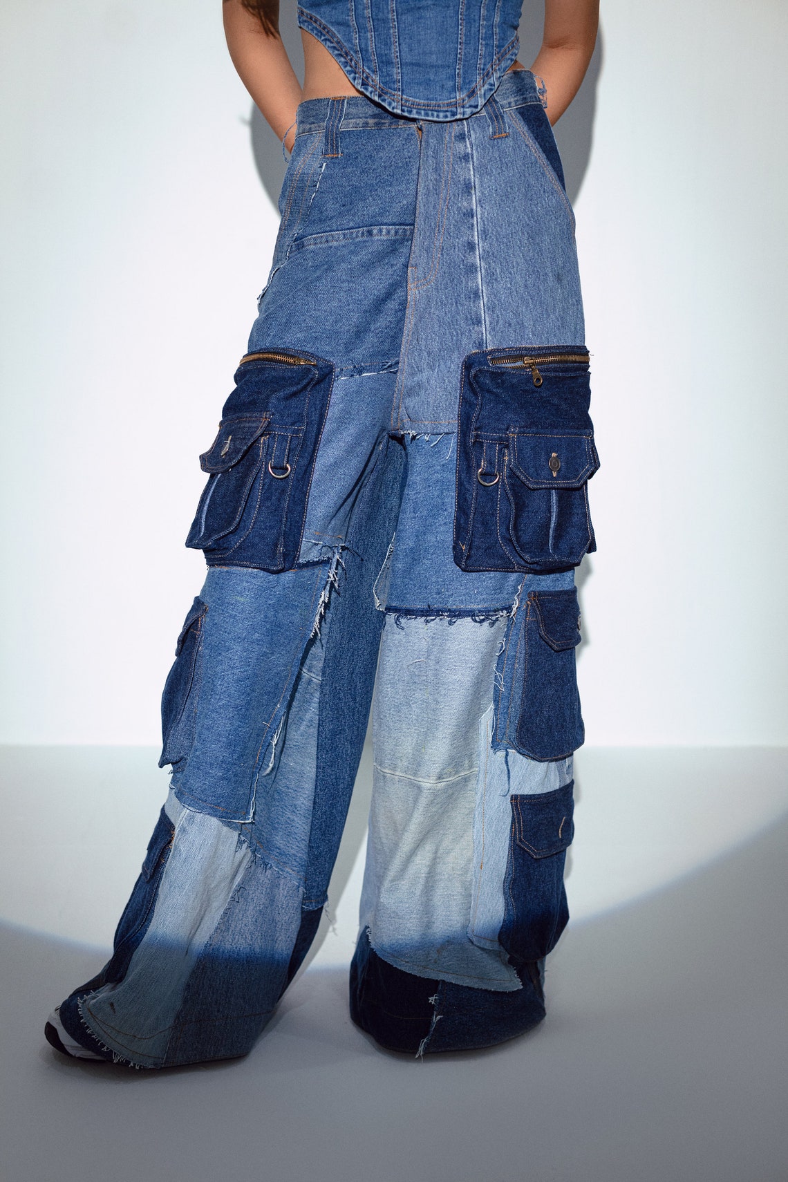 Chic Utility Cargo Denim Pants/jeans - Etsy