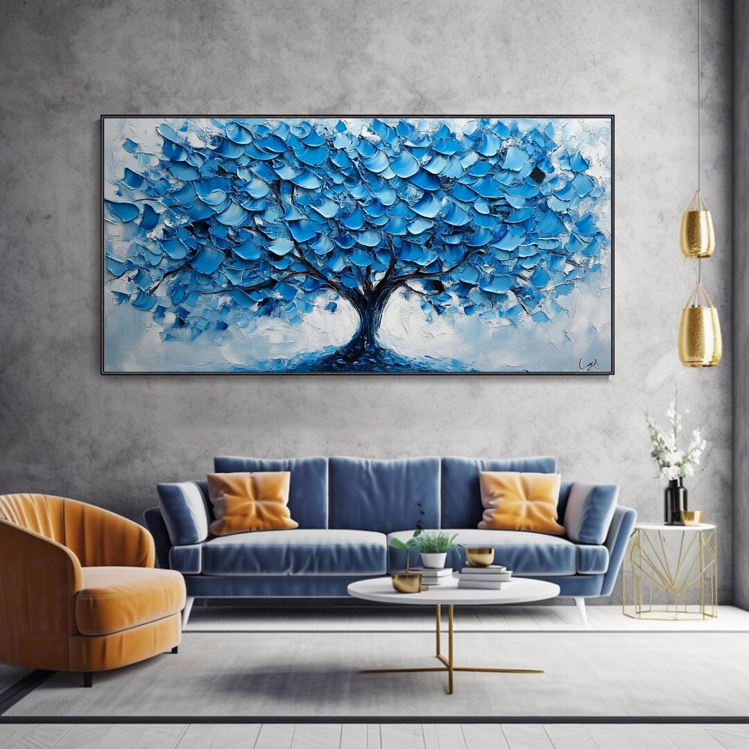 Abstract Blue Tree Oil on Canvas, Tree of Life Cool Tone Artwork Heavy ...