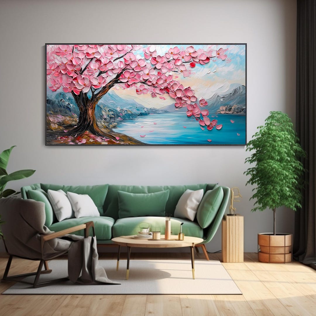 Lakeside Pink Cherry Blossom Tree Oil Painting 3D Floral Textured ...