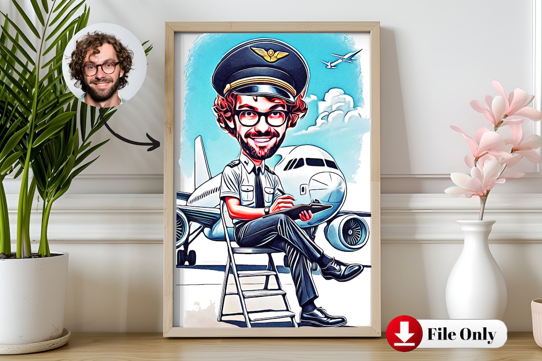 Pilot Cartoon Art Print, Funny Pilot Custom Caricature Drawing From ...