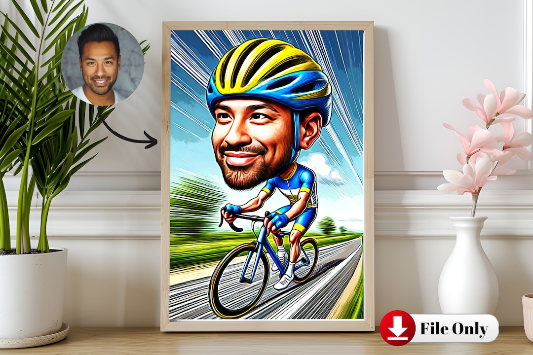 Custom Bicycle Cartoon Portrait – Personalized Cyclist Caricature Gift ...