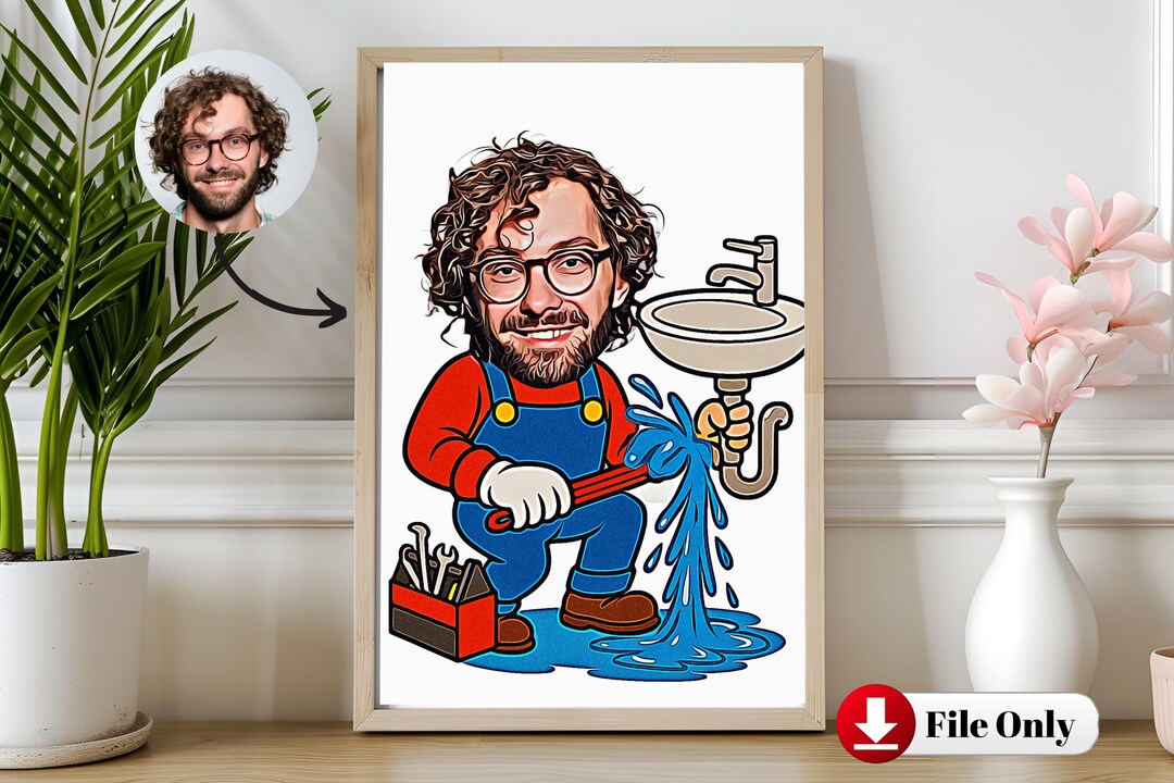 Funny Plumber Cartoon Illustration – Custom Caricature Portrait From ...