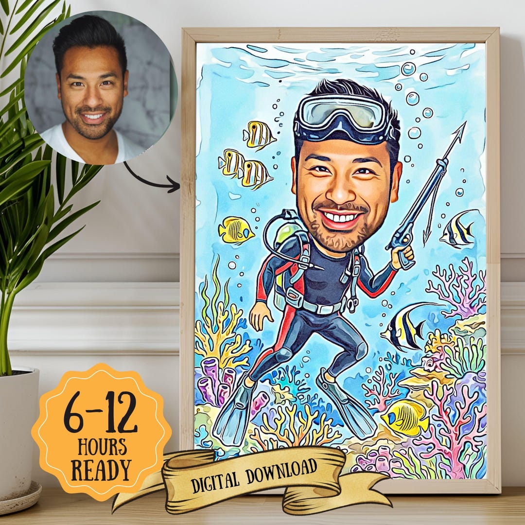 Personalized Scuba Diver Cartoon Portrait | Scuba Diving Gift for Ocean ...