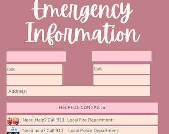 Emergency Information - Contacts Design 2 - Etsy