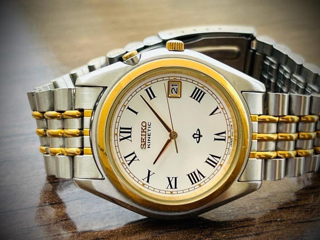 Vintage Seiko Kinetic Quartz Date Slim Mens Watch, Japan 37mm 5M42-0880 ...