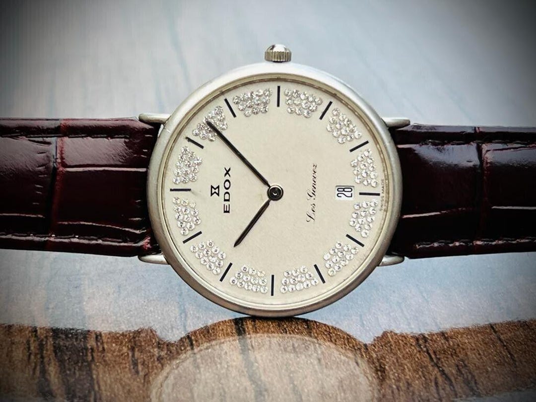 Vintage Edox Les Geneve Diamond Dial Quartz 34mmmm Swiss NOS Slim Mens ...