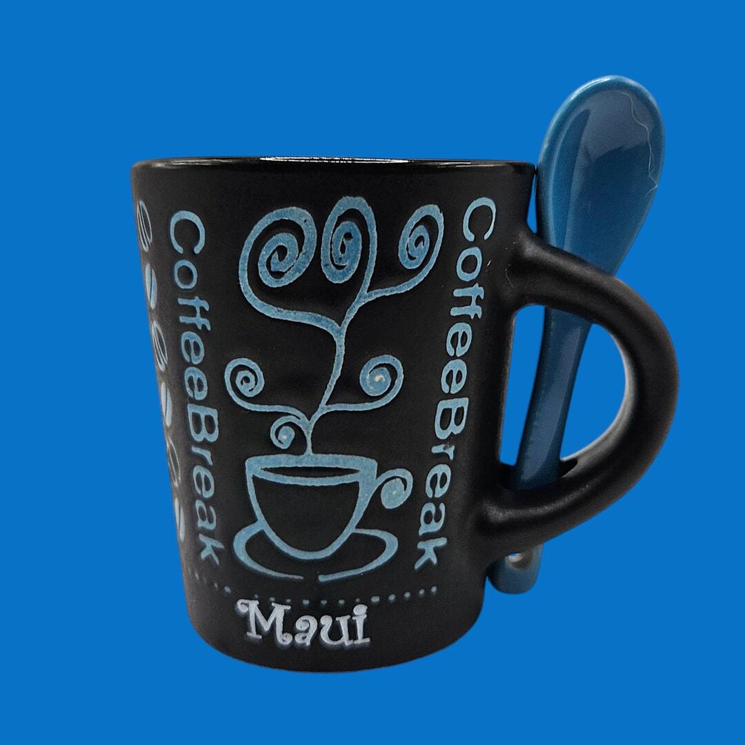 My Café Maui Coffee Break Mug Black Blue Ceramic Cup W/ Spoon Hawaii ...