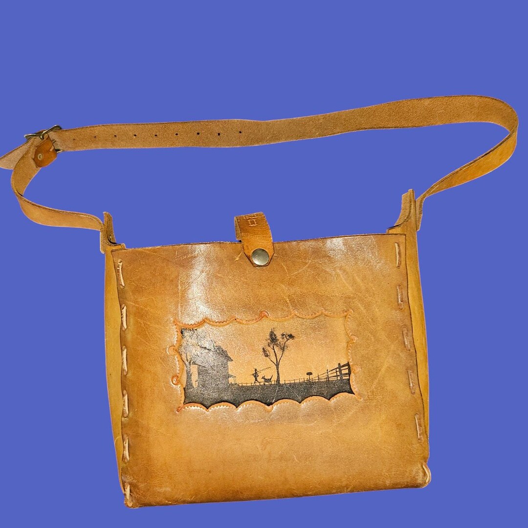 Vintage Brown Leather Purse Stamped Embossed Farmstead Scene 10 X 8 X 4 ...