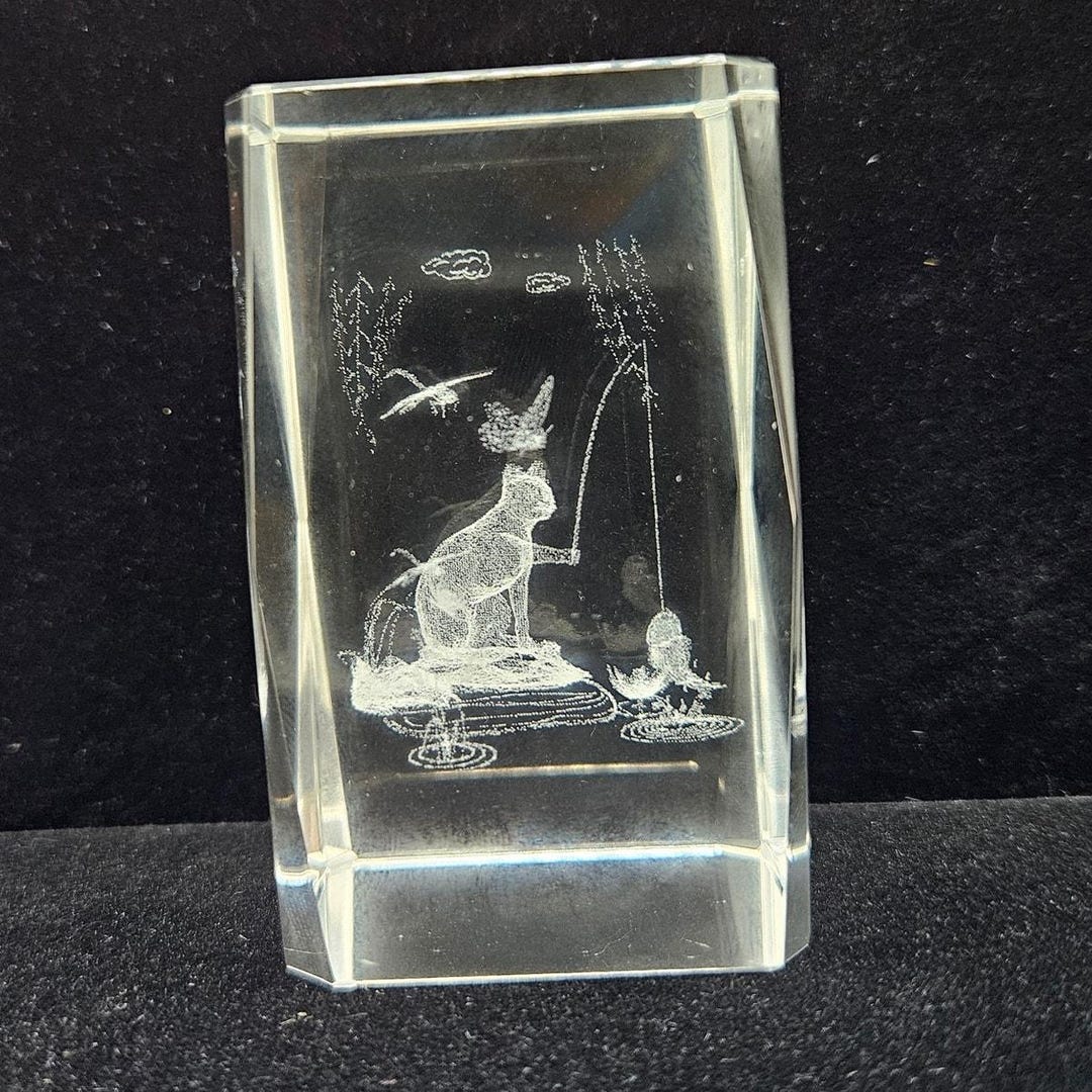 3D Laser Etched Crystal Piller Paperweight Cat Fishing With Butterfly ...