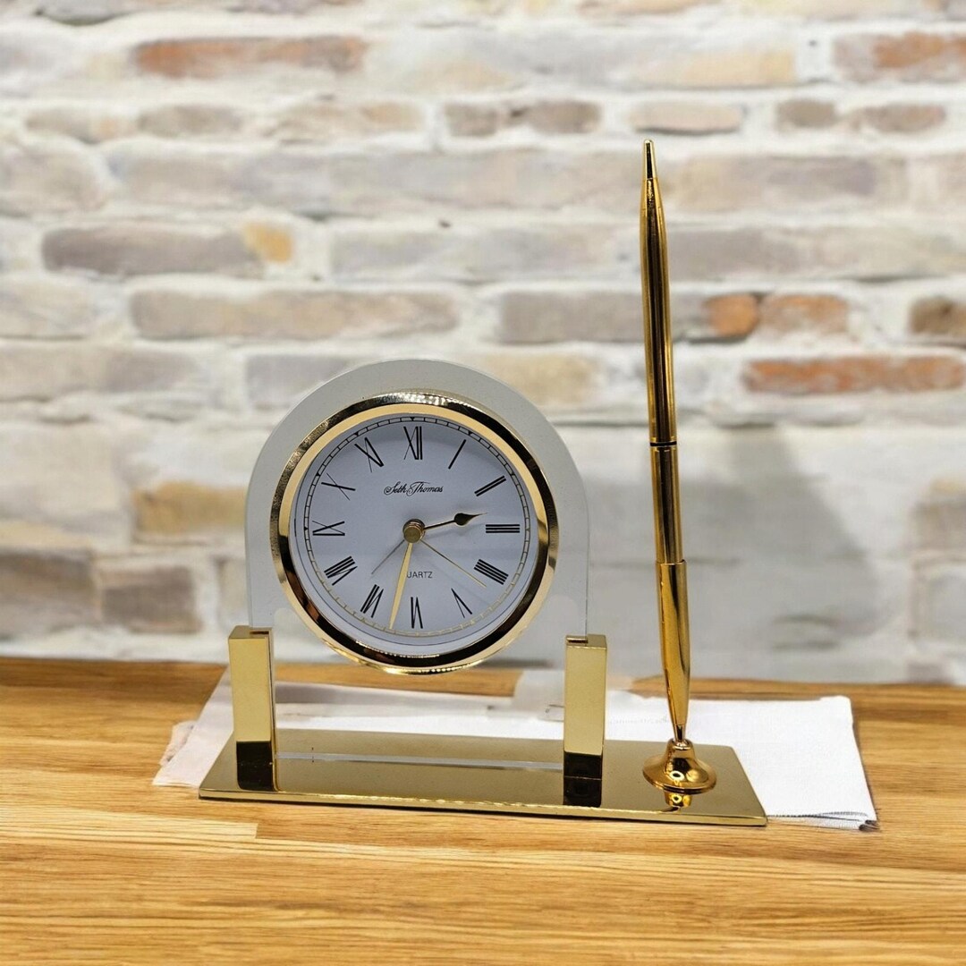 Seth Thomas Gold Tone Desk Clock Quartz With Pen Holder Vintage Works ...