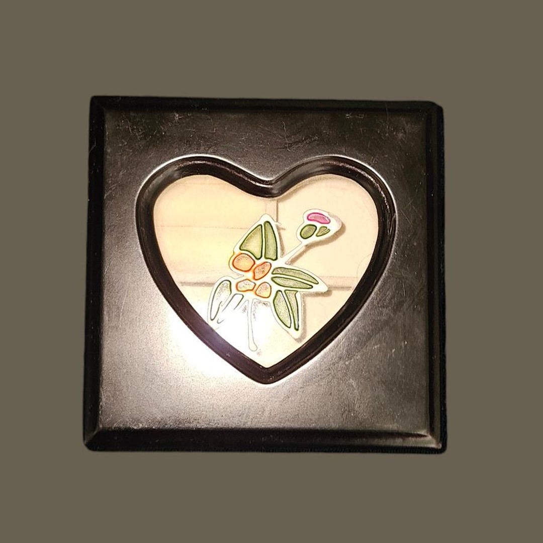Small 5x5x2" Heart Shaped Window Dark Wooden Jewelry Box Floral Design ...