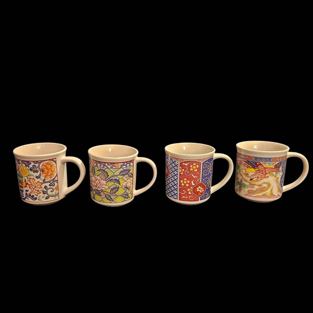 Set of 4 Asian Inspired Coffee Mugs Dragon Floral Patchwork Multicolor ...