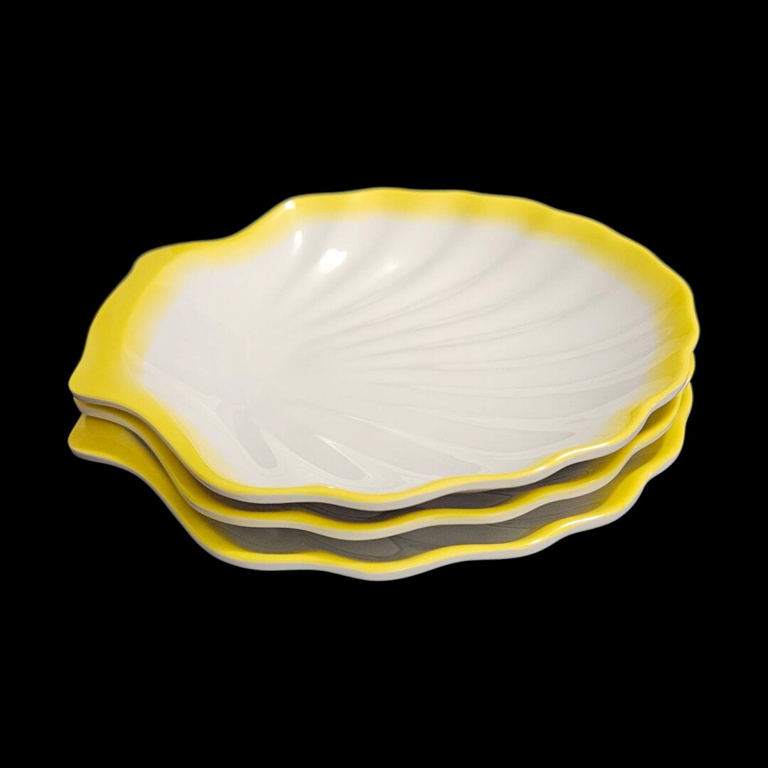 Set of 3 Yellow Rim 8" Scallop Shell Melamine Plates Coastal Beach ...