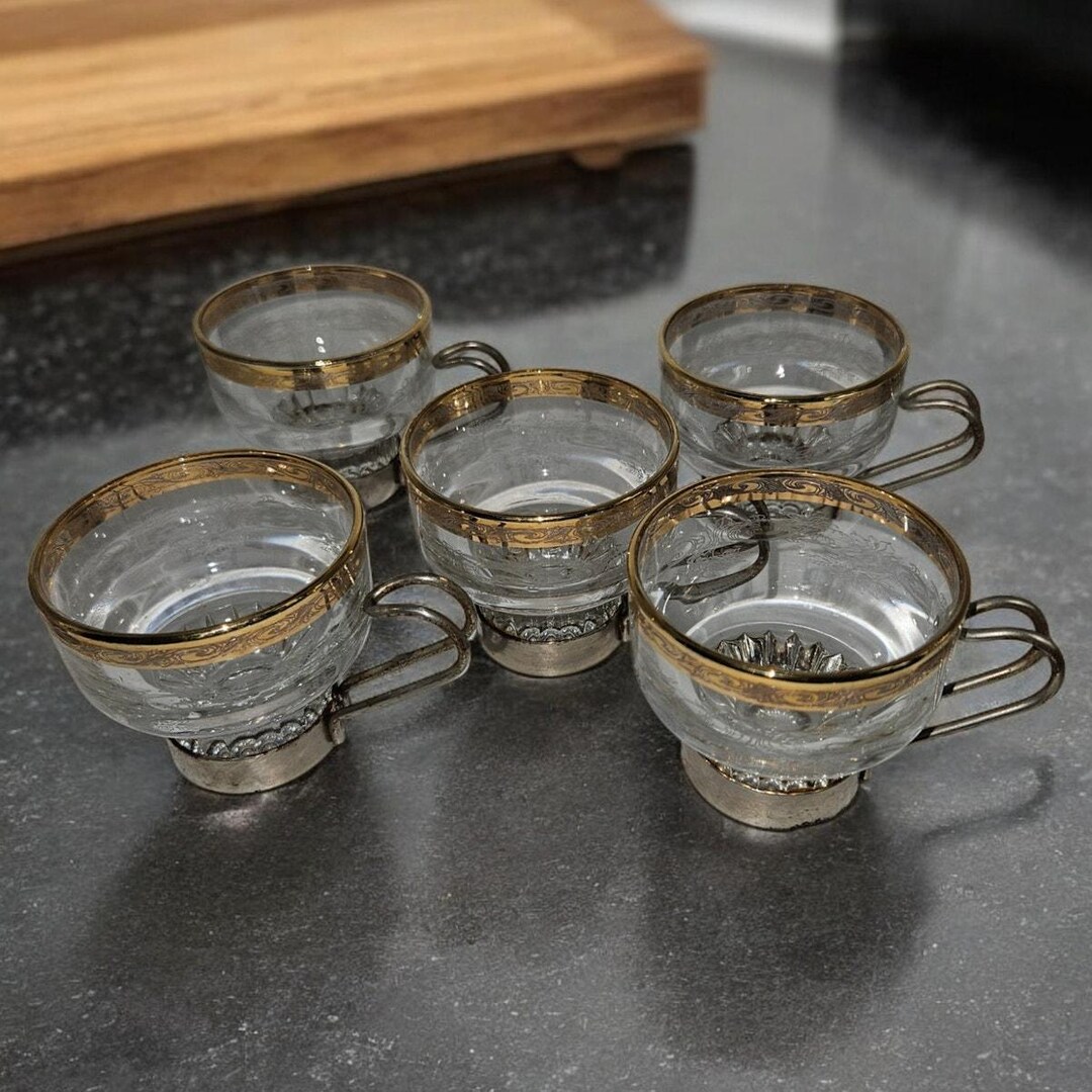 Vintage Etched Glass Cups W/ Metal Holders & Gold Rim Scroll Design Set ...