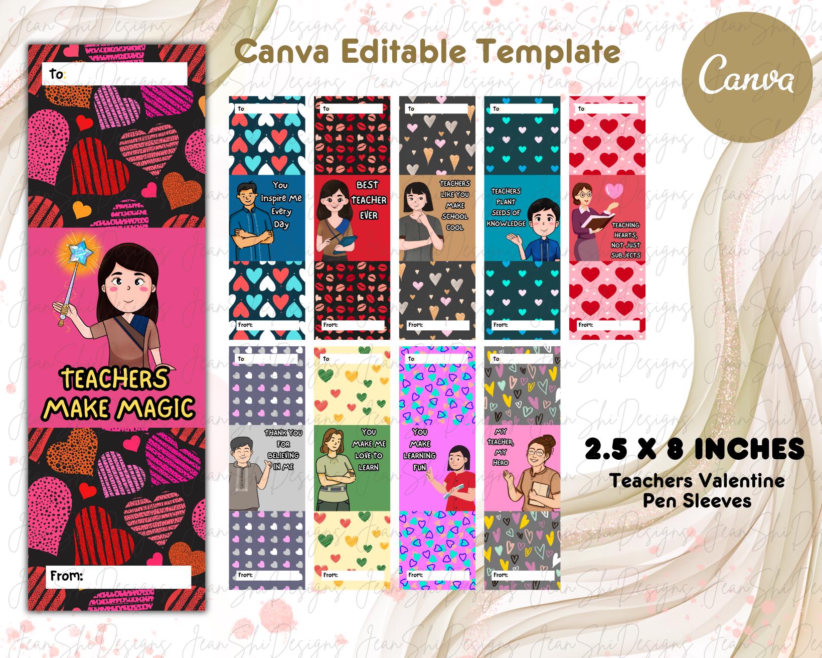 Valentine's Day Teacher Pen Sleeves: Canva Editable Template (PDF) - Etsy