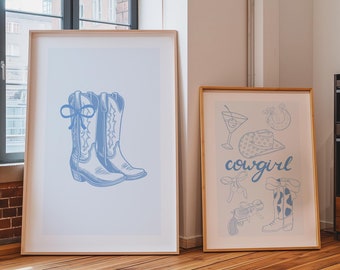 Cowgirl Coquette, Blue Coquette, Trendy Bow Poster, Preppy Blue Wall ...
