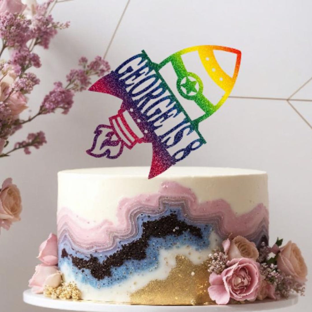 Rocket Ship Cake Topper, Outer Space Theme, Custom Birthday Glitter ...