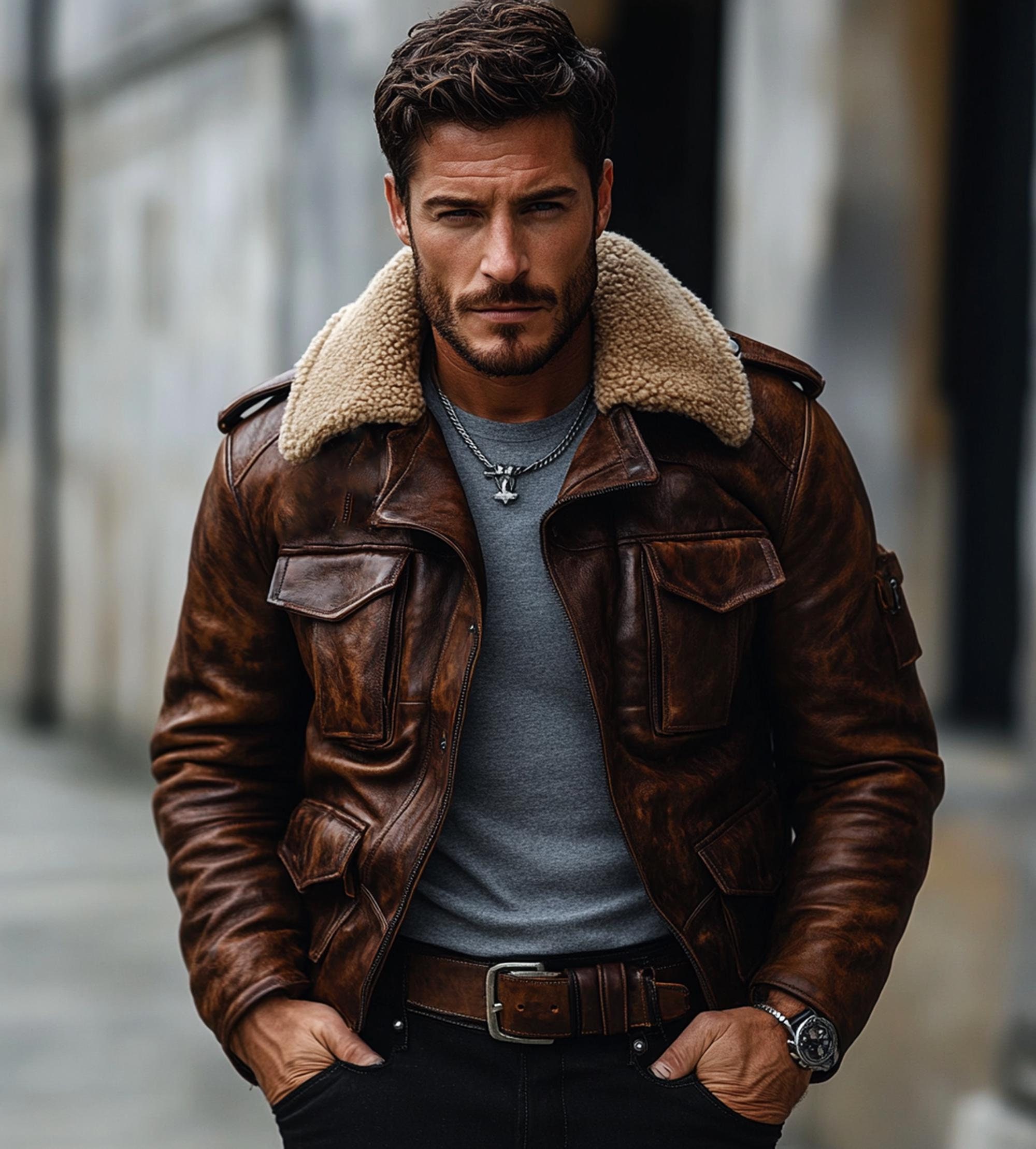 Leather Jacket Men's Handmade Bomber Fur Shearling Distressed Brown ...