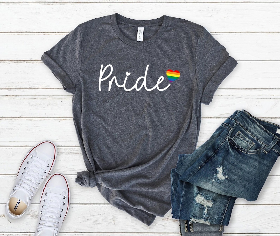 Minimalist Pride Shirt, Rainbow Heart LGBTQ Tee, Simple Pride Script ...