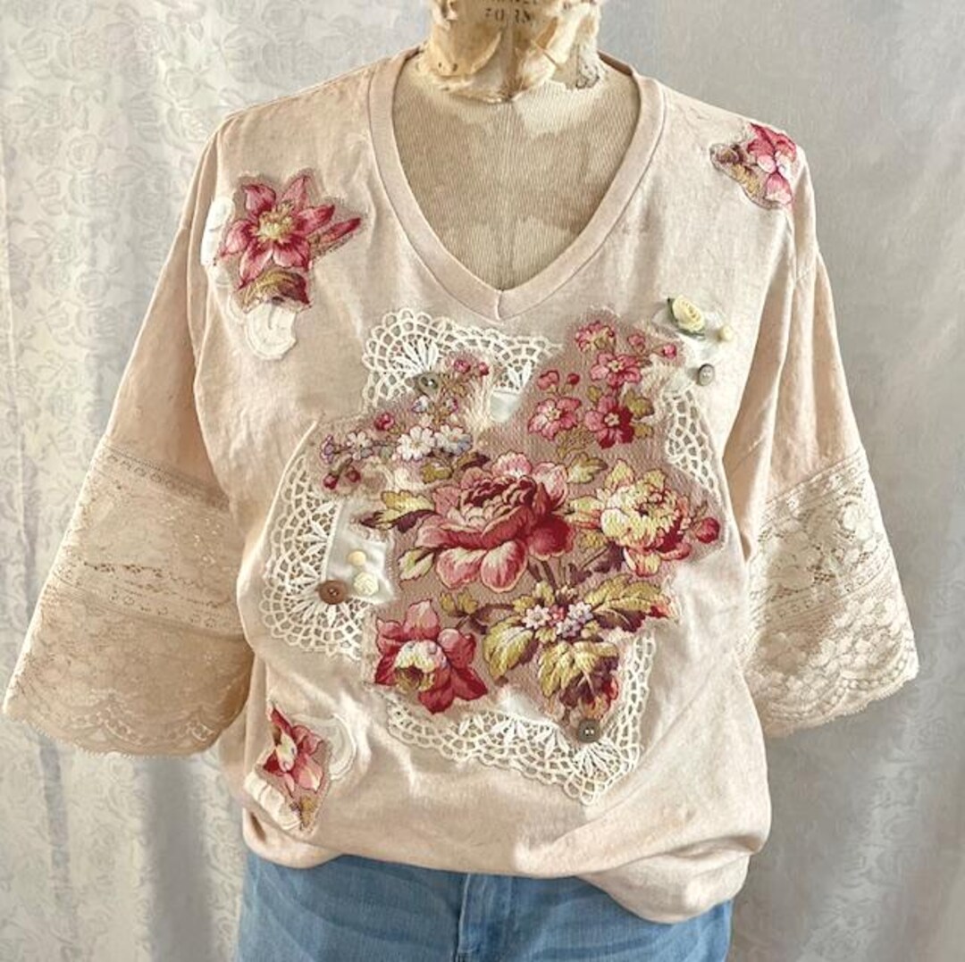 BOHO Upcycled Applique Flower, Beige T Shirt. Vintage Lace, Buttons ...