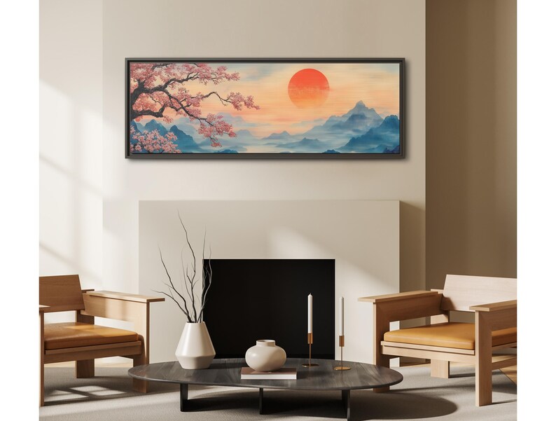 Japanese Sunset Framed Canvas Print, Cherry Blossom Mountain Art - Etsy