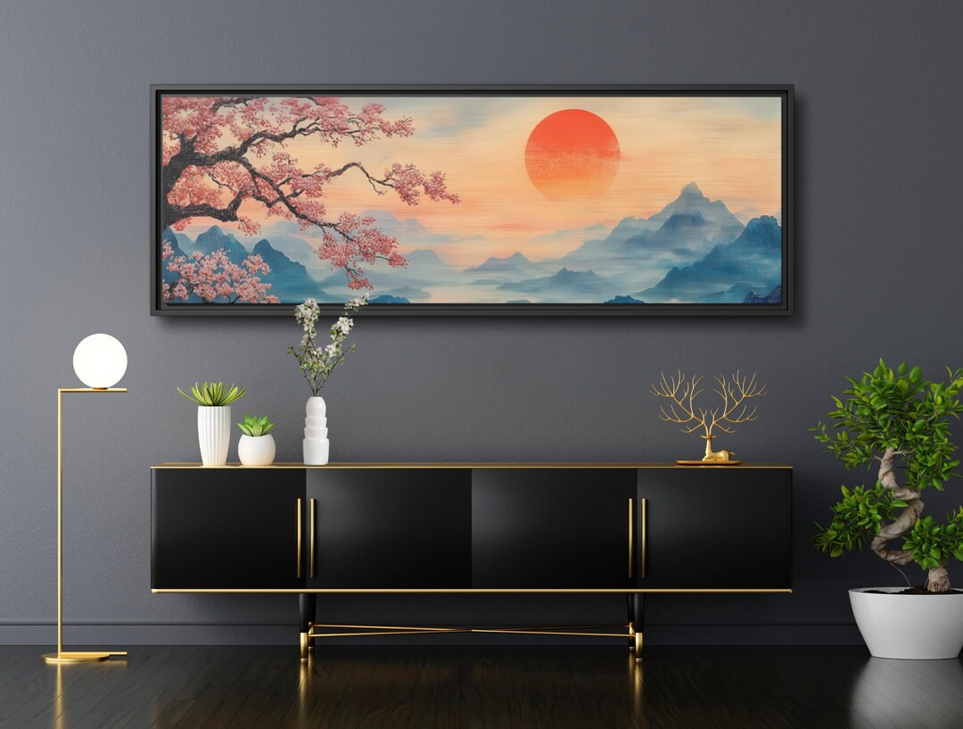 Japanese Sunset Framed Canvas Print, Cherry Blossom Mountain Art - Etsy