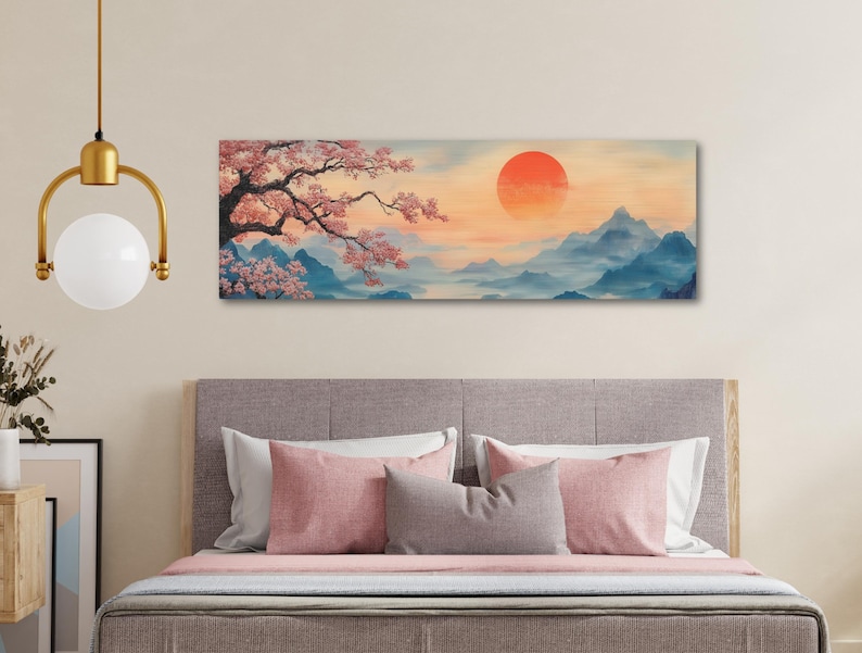 Japanese Sunset Framed Canvas Print, Cherry Blossom Mountain Art - Etsy