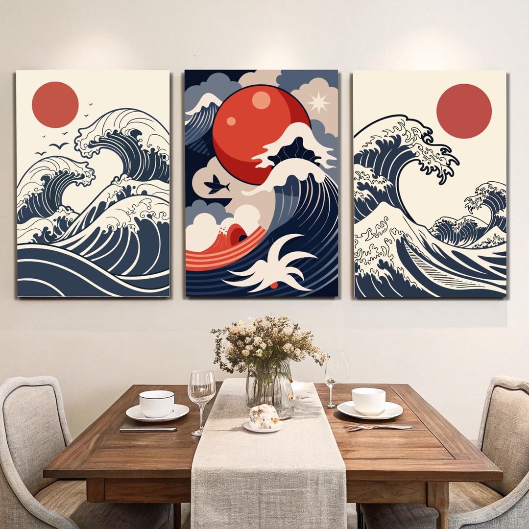 Japanese Wave & Sun Triptych Art Set – Ocean Inspired Wall Prints for ...