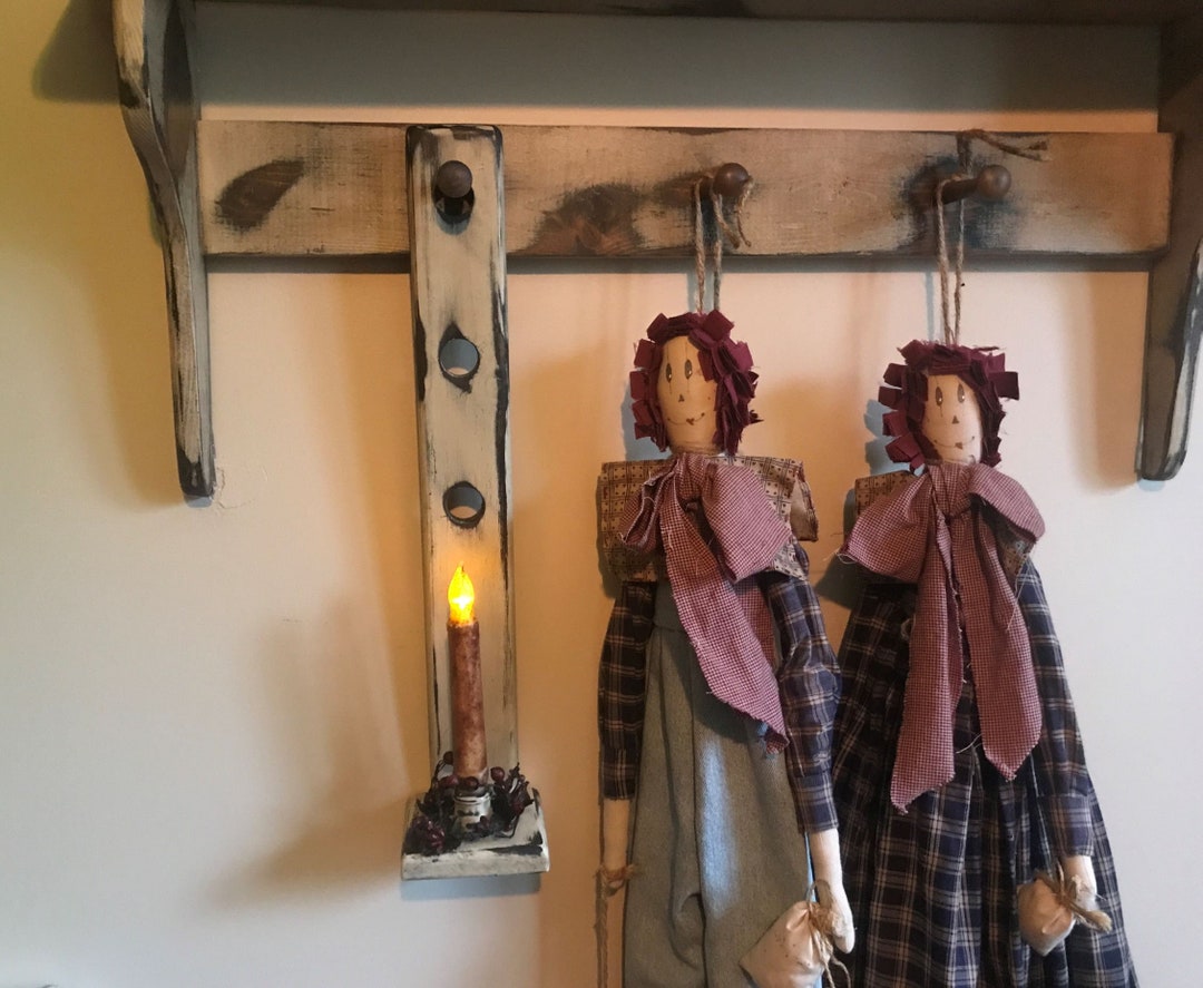 Primitive Wood Shaker Hanging Peg Rack Candle Holder Shelf Wax Finish ...