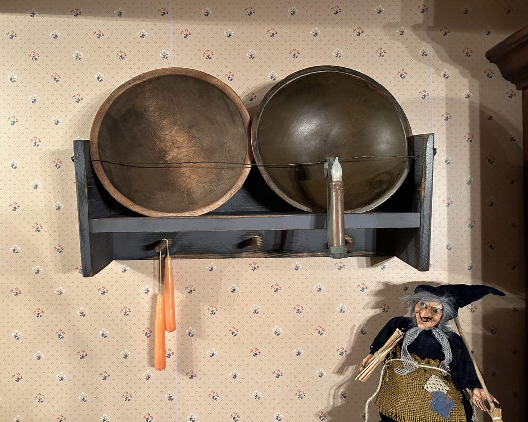 Colonial Primitive Bowl Rack Wall Shelf With Pegs - Black - 10 T X 20 W ...