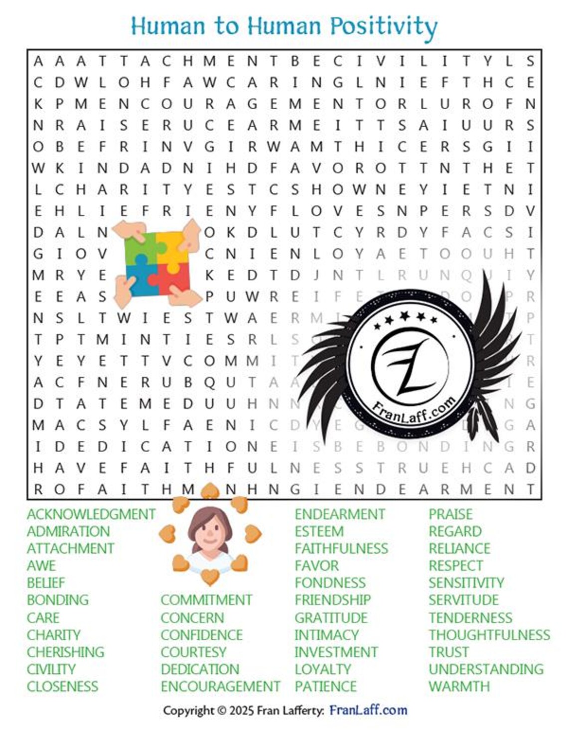 Human to Human POSITIVITY Wordsearch Puzzle Packet With Positive ...