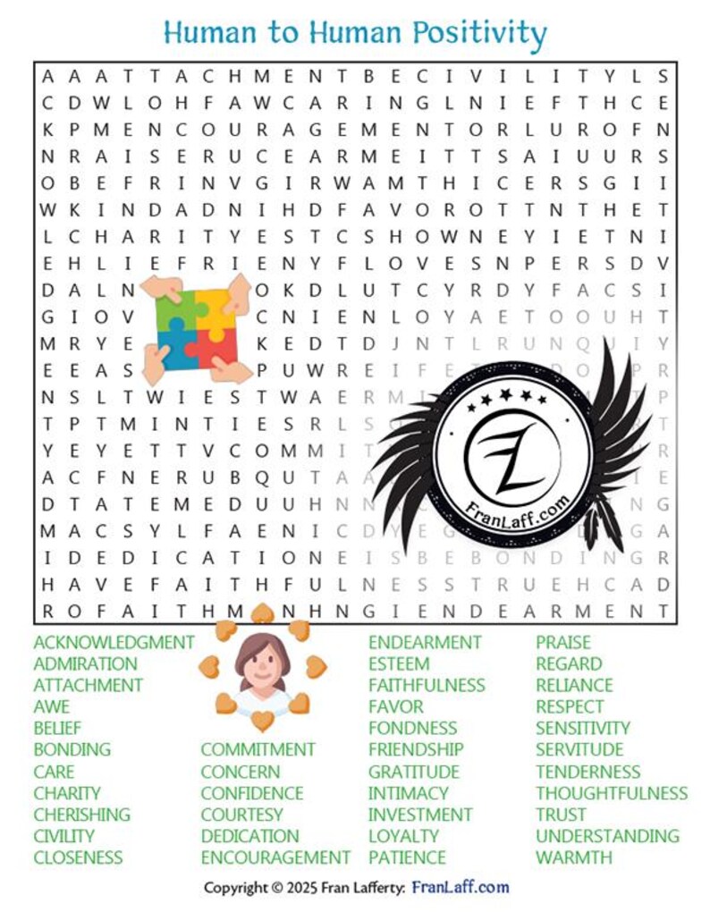 Human to Human POSITIVITY Wordsearch Puzzle Packet With Positive ...