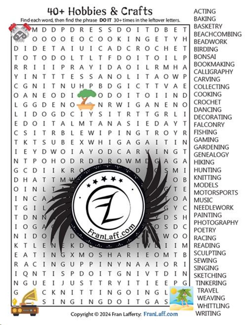 Hobbies and Crafts Printable Hidden Message Wordsearch Puzzle With ...
