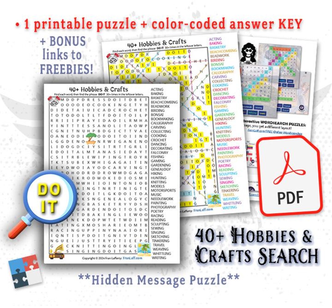 Hobbies and Crafts Printable Hidden Message Wordsearch Puzzle With ...