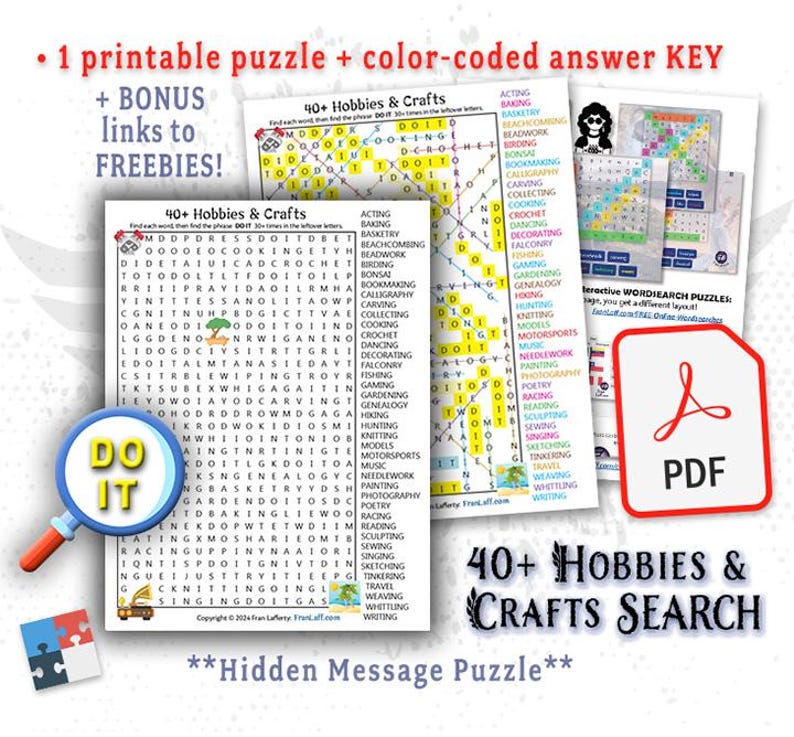 Hobbies and Crafts Printable Hidden Message Wordsearch Puzzle With ...