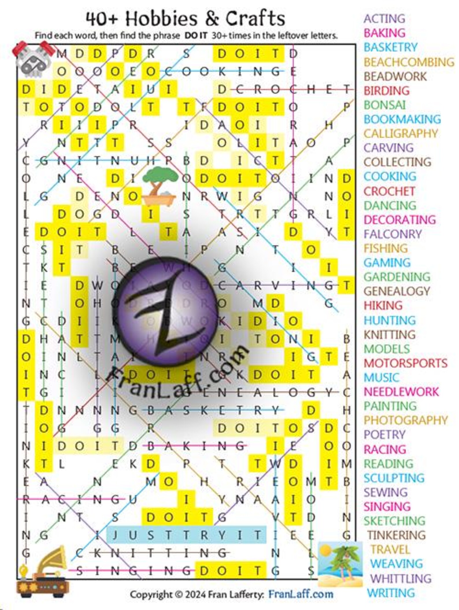 Hobbies and Crafts Printable Hidden Message Wordsearch Puzzle With ...