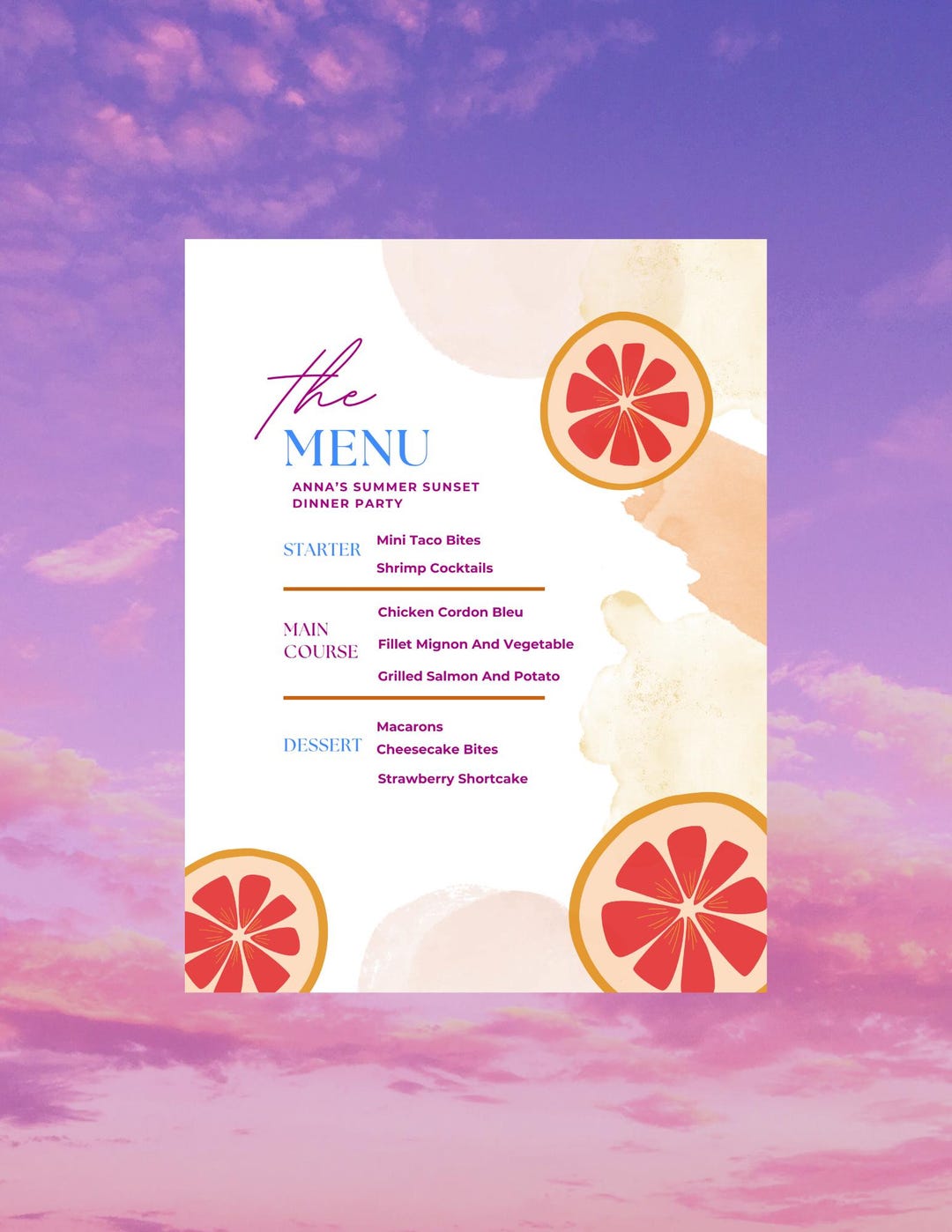 Pink Sunset Menu Template: Editable Dinner Party Design (canva, 5x7in ...
