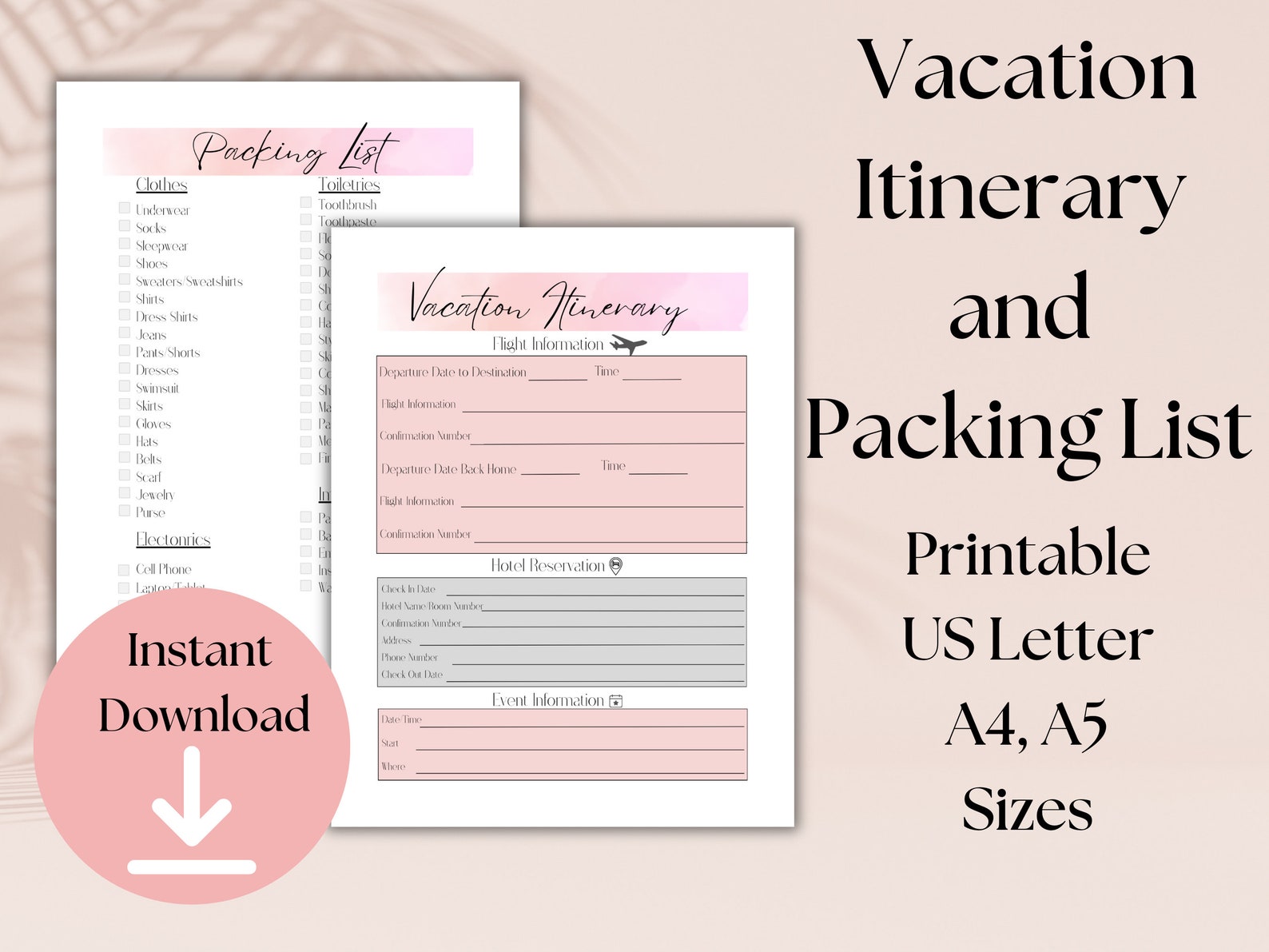 Vacation Itinerary and Packing List Printable | Travel Itinerary ...