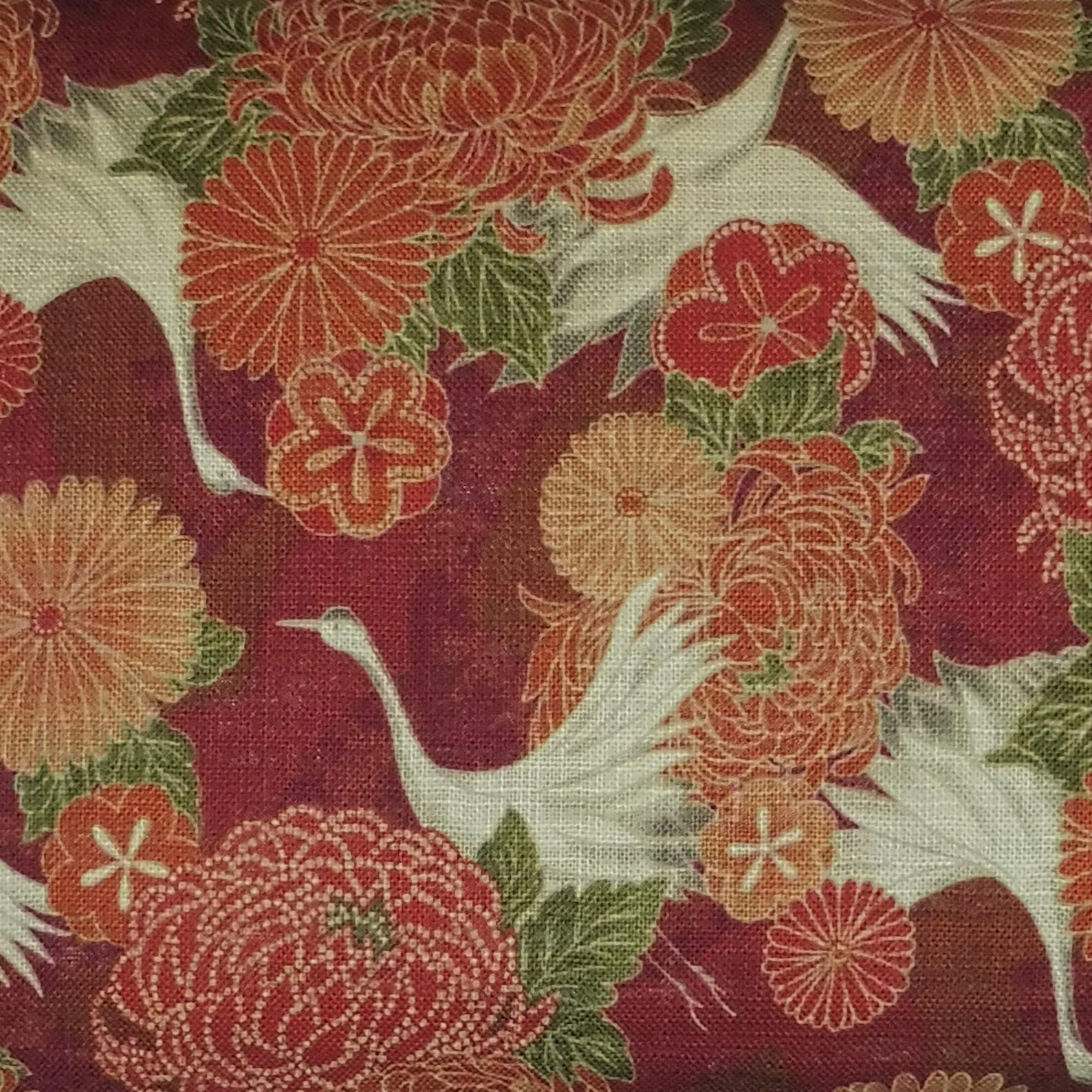 Japanese Cotton Print - Textured Fabric - 1/4 Yard of Dark Red Cranes ...