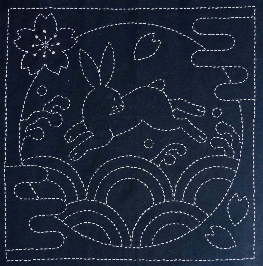 Japanese Sashiko Panel - Rabbit in Meadow - Panel # 390 - Etsy
