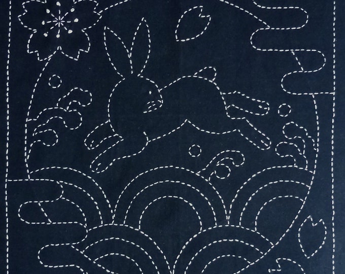 Japanese Sashiko Panel Rabbit in Meadow Panel 390 | Etsy