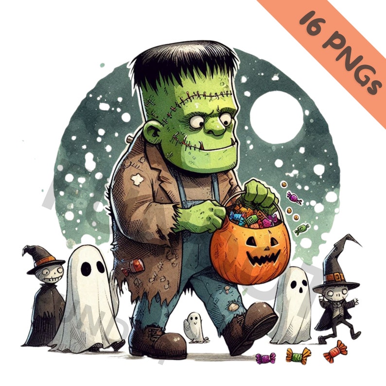 Funny & Cute Halloween Frankenstein Monster Clipart PNG Bundle - 16 ...