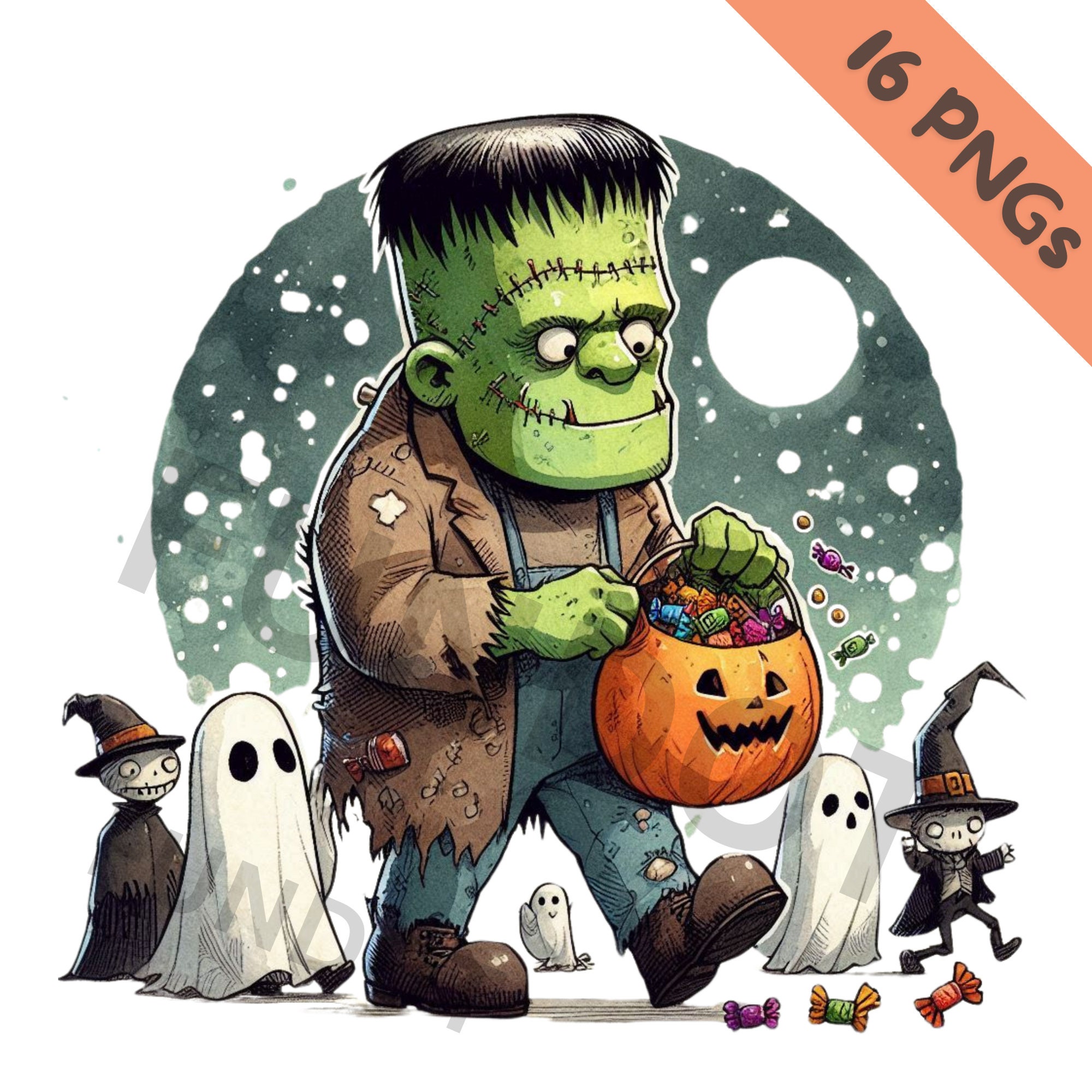 Funny & Cute Halloween Frankenstein Monster Clipart PNG Bundle - 16 ...