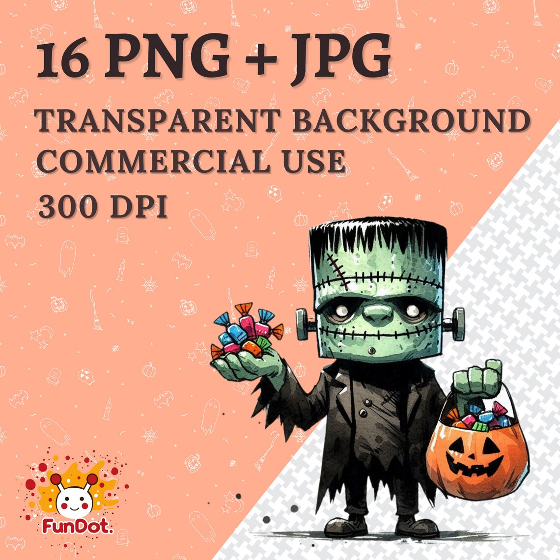 Funny & Cute Halloween Frankenstein Monster Clipart PNG Bundle - 16 ...