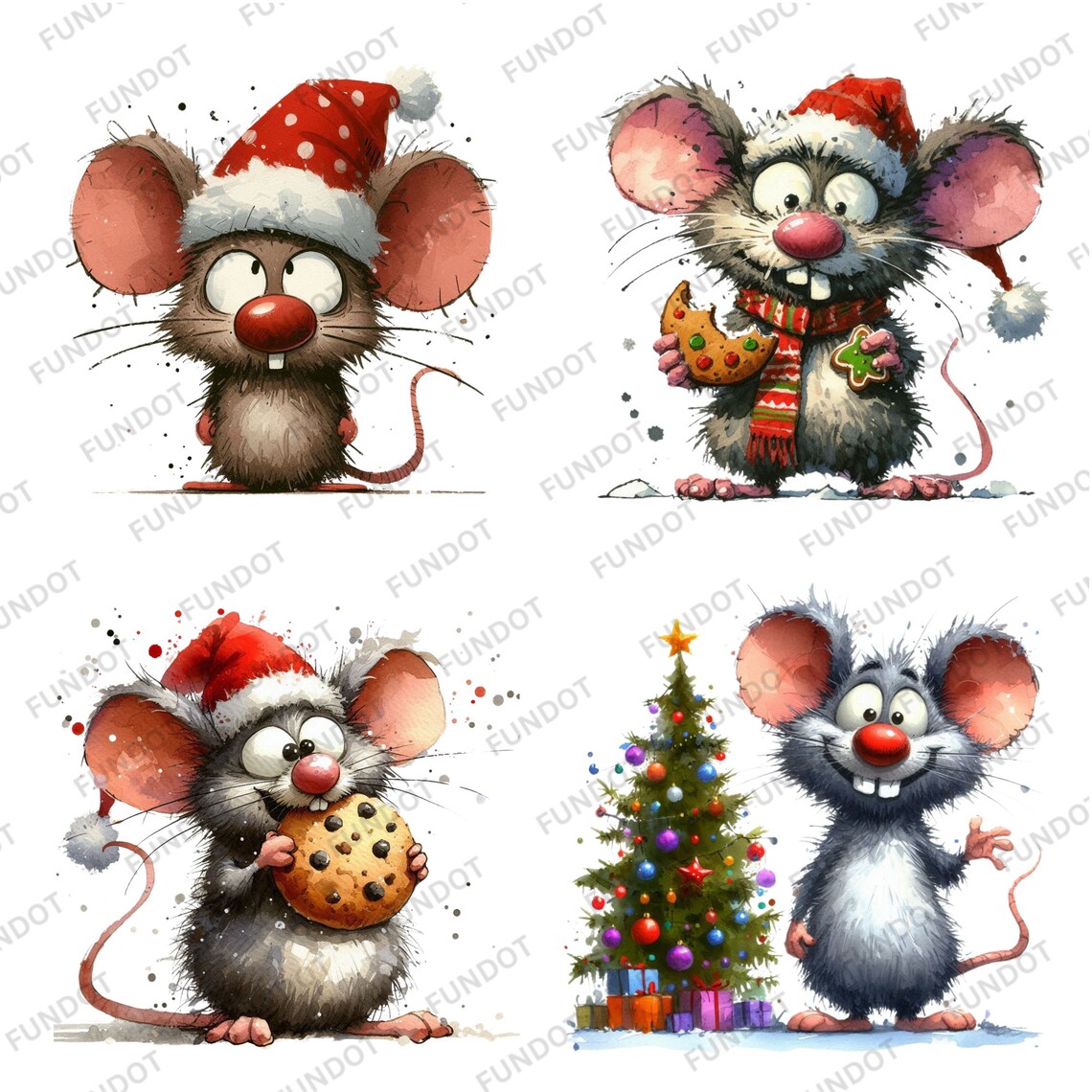 16 Quirky Funny Christmas Mice Mouse Rat PNG Clipart - Watercolor Xmas ...
